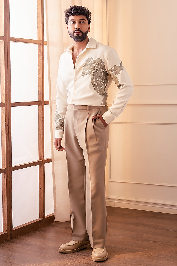 Off-White Lachka Fabric Hand Work Wedding Shirt by Rohit Doshi at ...
