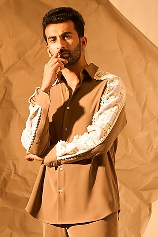 Beige Lachka & Armani Fabric Hand Work Party Wear Shirt by Rohit Doshi ...