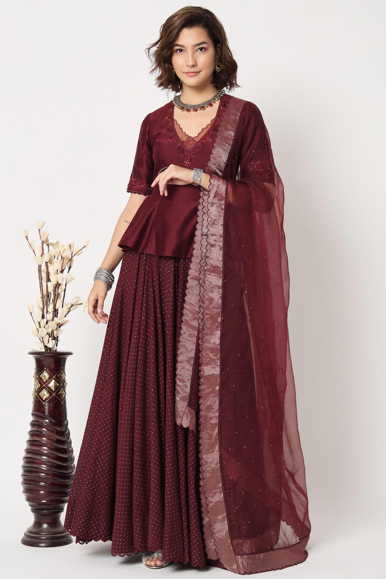 Maroon Cotton Voile Block Printed Skirt Set by Rohini Dezines at Pernia ...