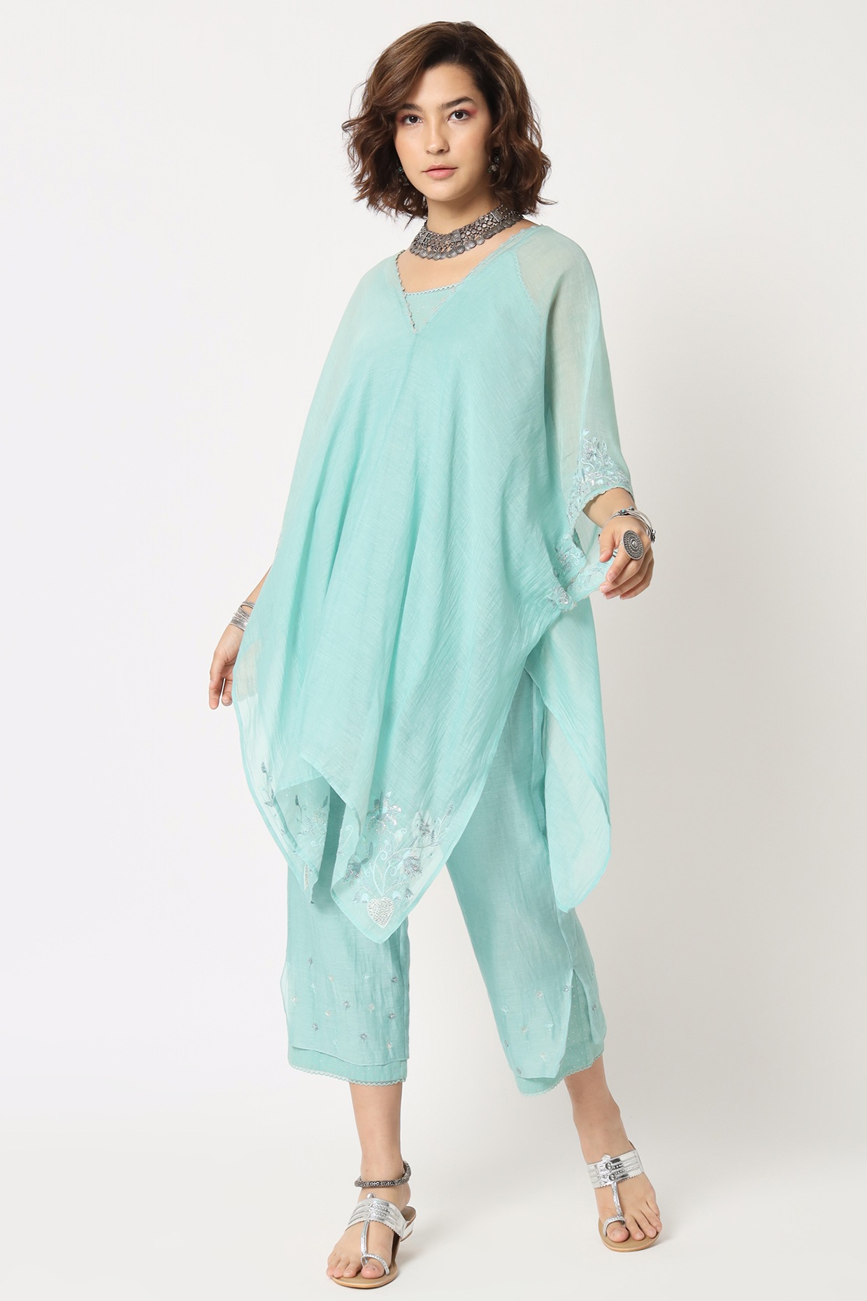 Turquoise Silk Cotton Chanderi Hand Embroidered Kaftan Set by Rohini ...