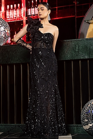 Black Net & Lycra Sequins Embroidered Vacation Dress by RAJ ARORA ROOP ...