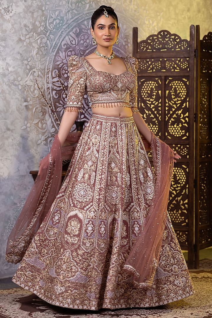 Brown Crepe & Net Sequins Embroidered Wedding Lehenga Set by RAJ ARORA ...