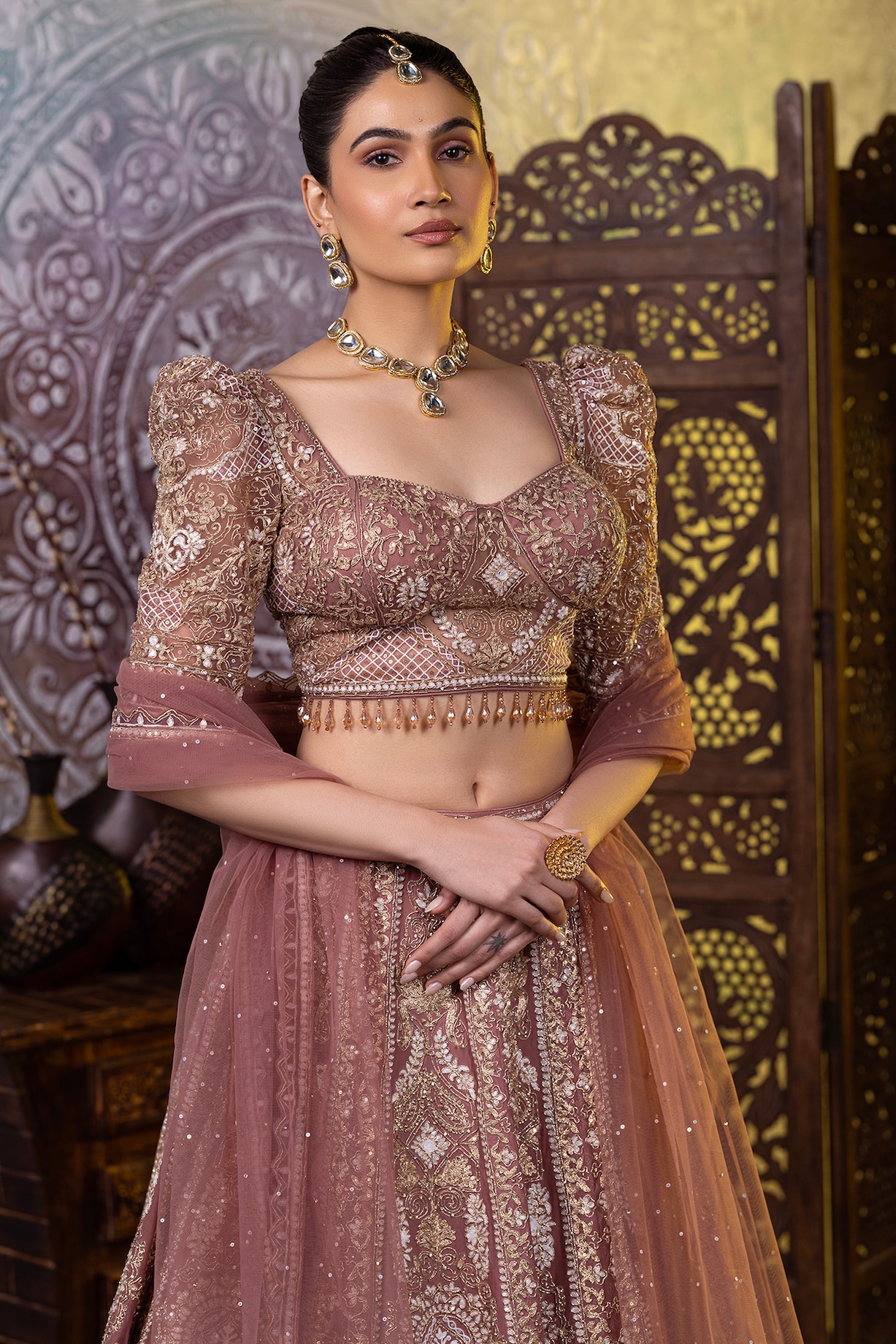 Brown Crepe & Net Sequins Embroidered Wedding Lehenga Set by RAJ ARORA ...