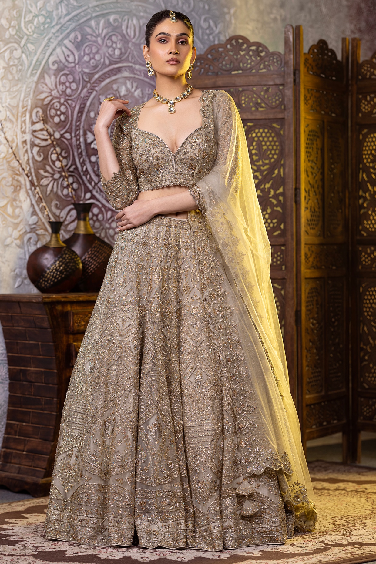 Pista Green Net Zari Embroidered Wedding Lehenga Set by RAJ ARORA ROOP ...