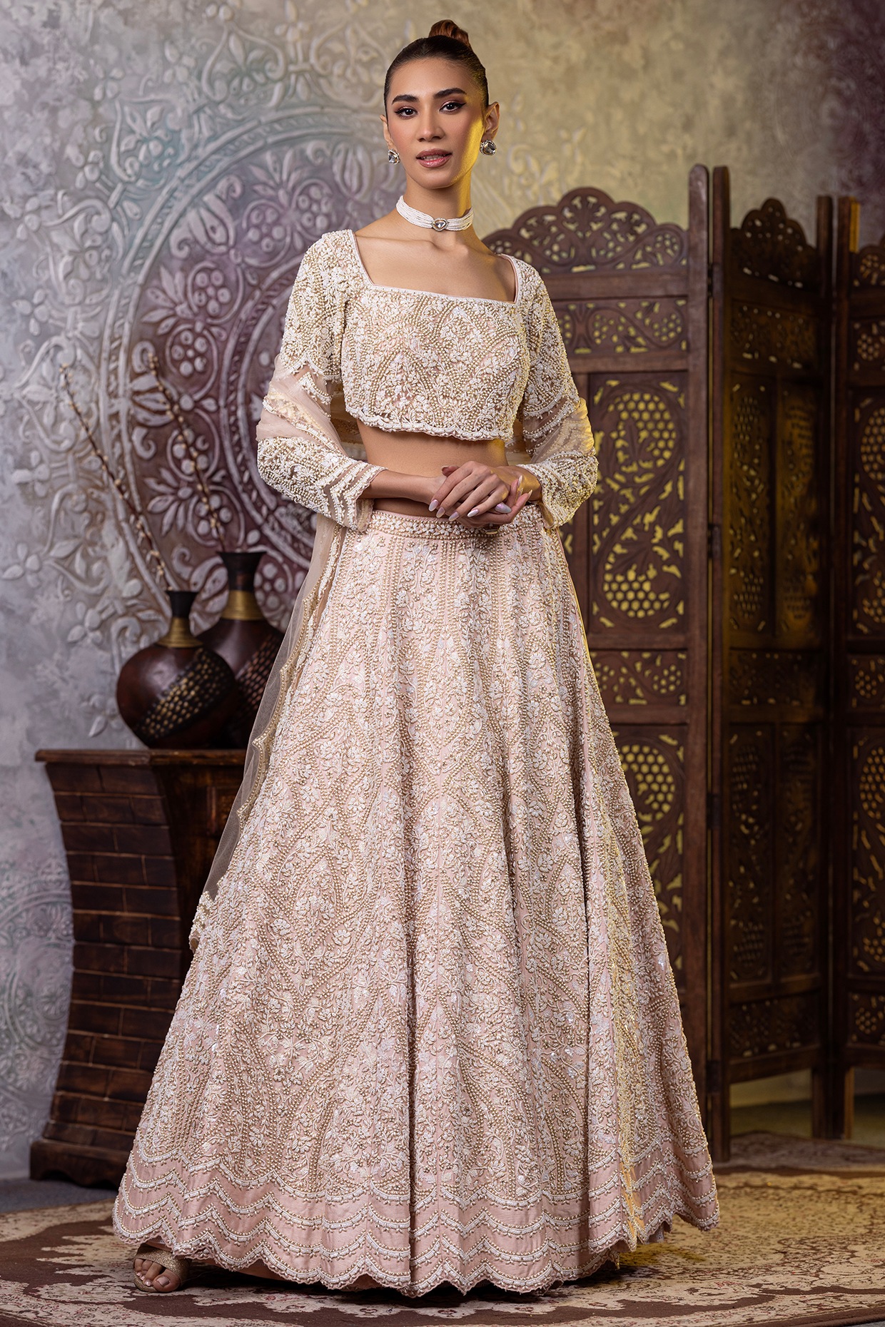 Peach Silk Pearl Embroidered Bridal Lehenga Set by RAJ ARORA ROOP ...