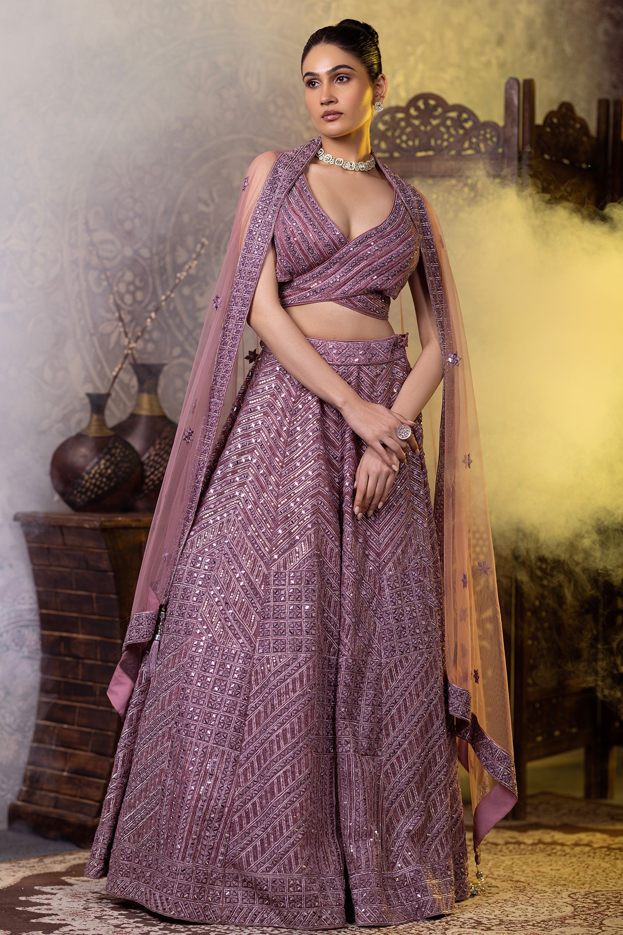 Mauve Net Dori Thread Embroidered Wedding Lehenga Set by RAJ ARORA ROOP ...