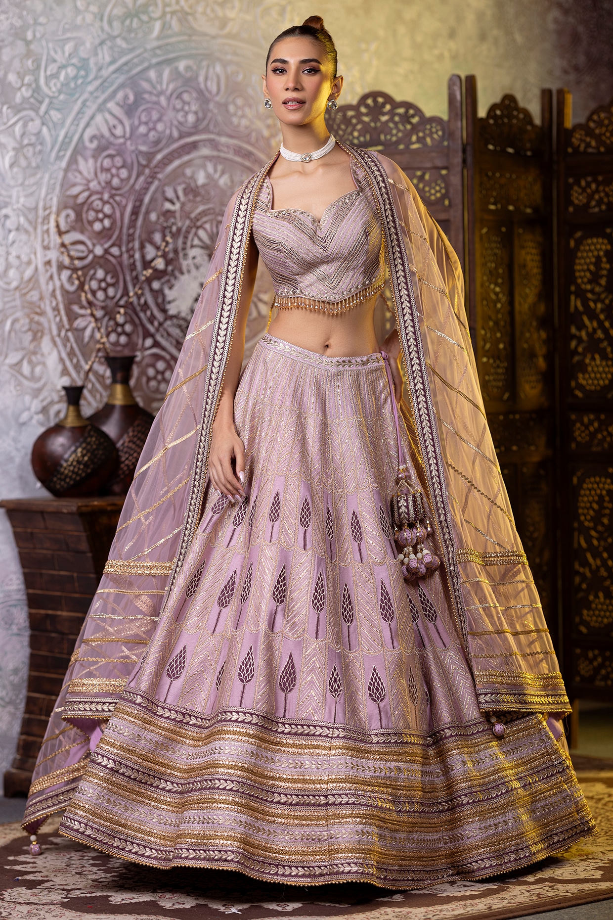 Lavender Silk Gota & Badla Embroidered Wedding Lehenga Set by RAJ ARORA ...