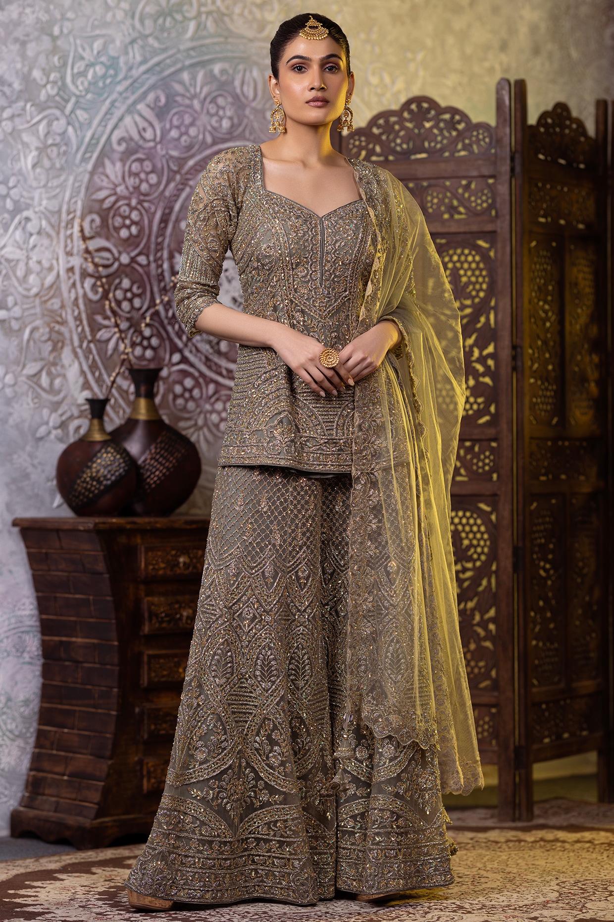 Pista Green Net Cutdana Embroidered Sharara Set by RAJ ARORA ROOP ...