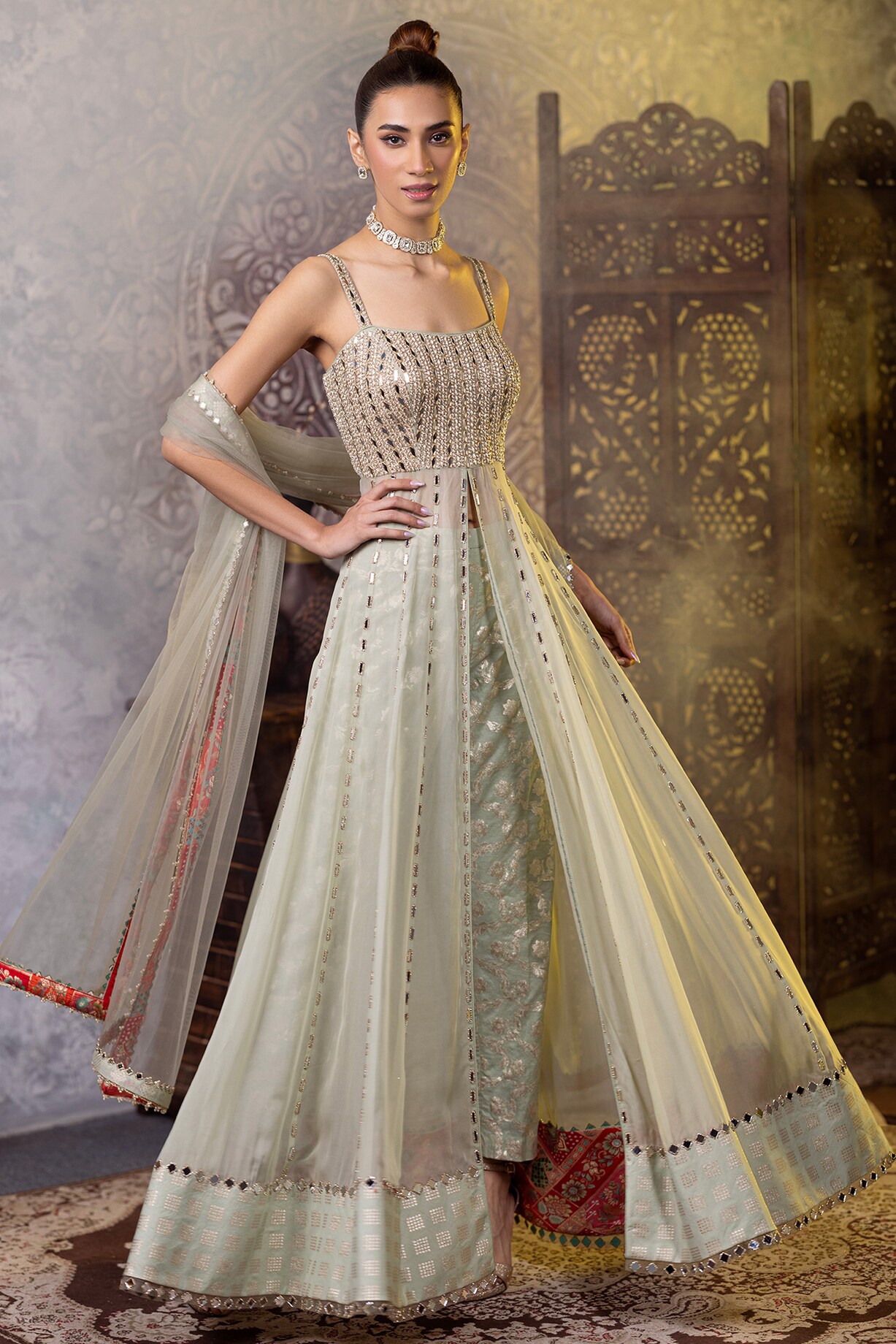 Green Organza Mirror Embroidered Anarkali Set by RAJ ARORA ROOP VATIKA ...
