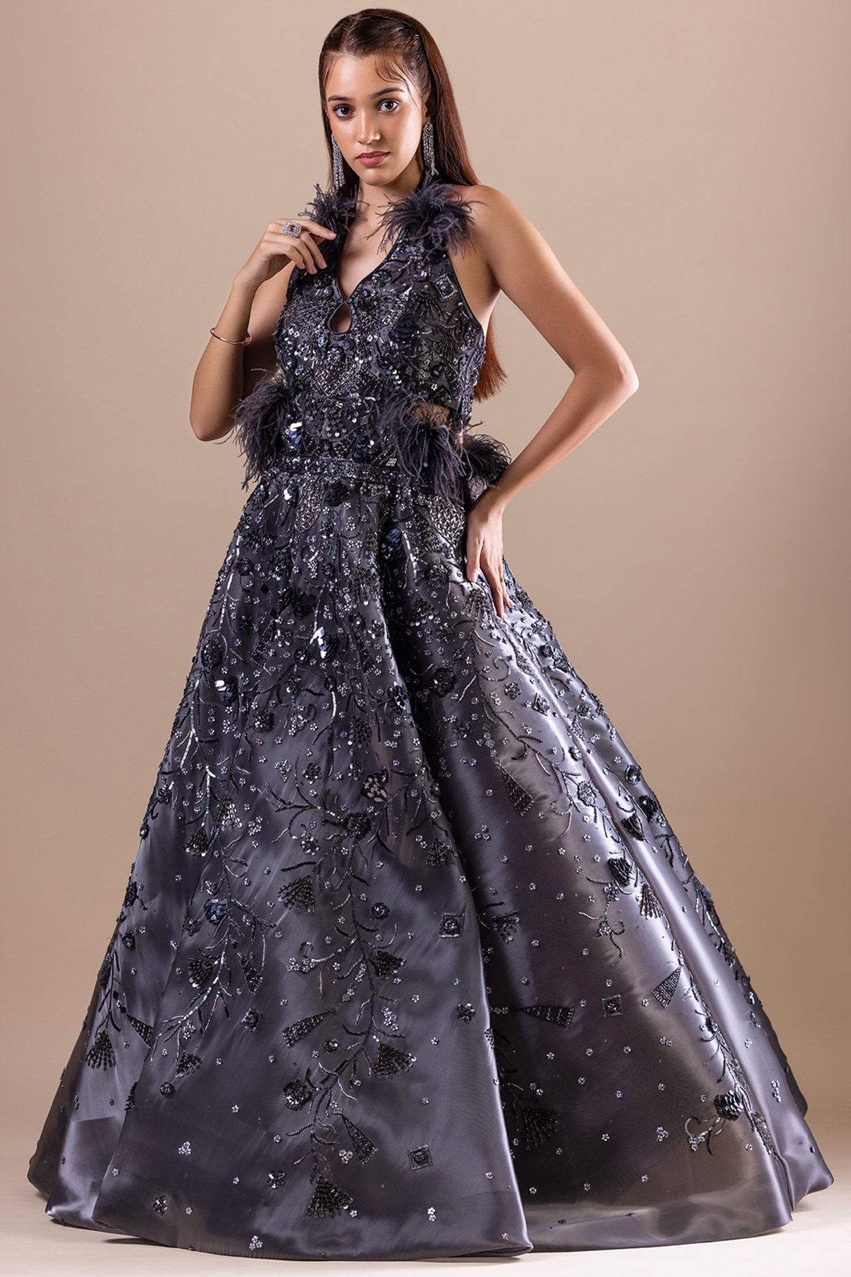 Grey Fishnet Sequin Embellished Gown by RAJ ARORA ROOP VATIKA at Pernia ...