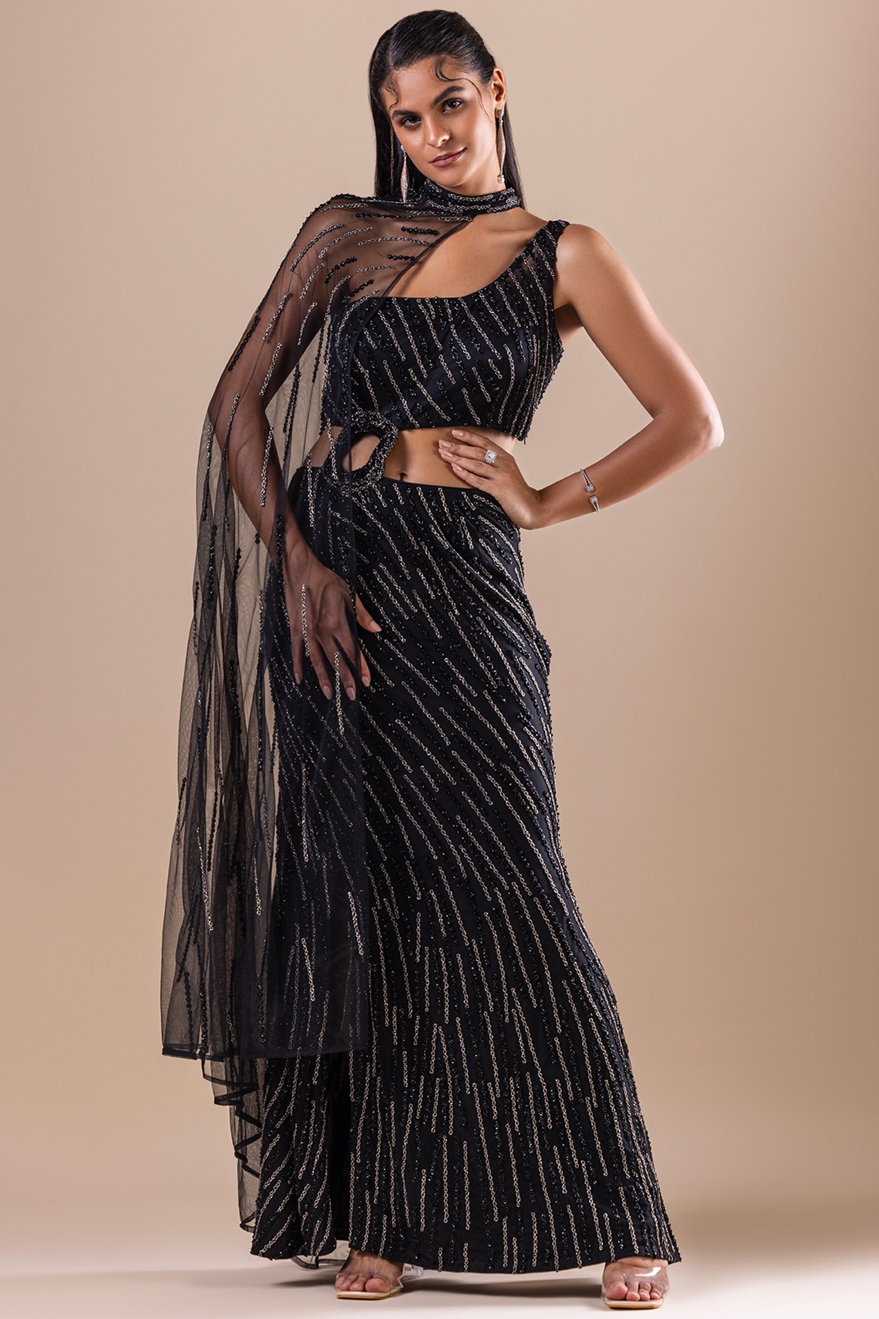 Black Net & Lycra Sequins Embroidered Dress With Cape by RAJ ARORA ROOP ...