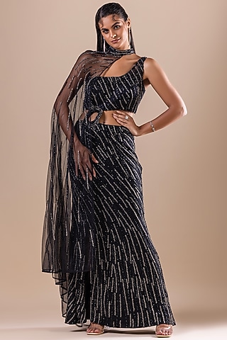 Black Net & Lycra Sequins Embroidered Dress With Cape by RAJ ARORA ROOP ...