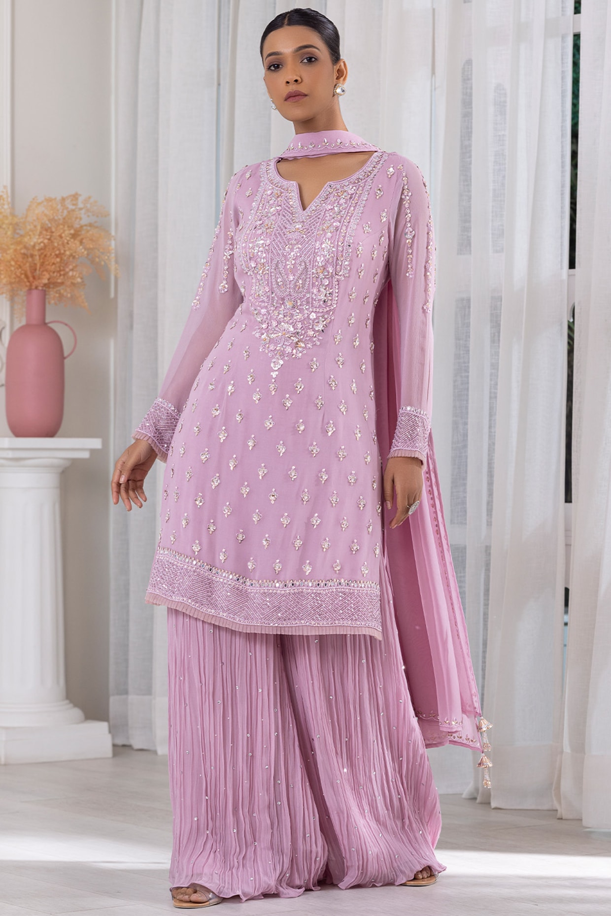 Lilac Georgette Cutdana Embroidered Sharara Set by RAJ ARORA ROOP ...