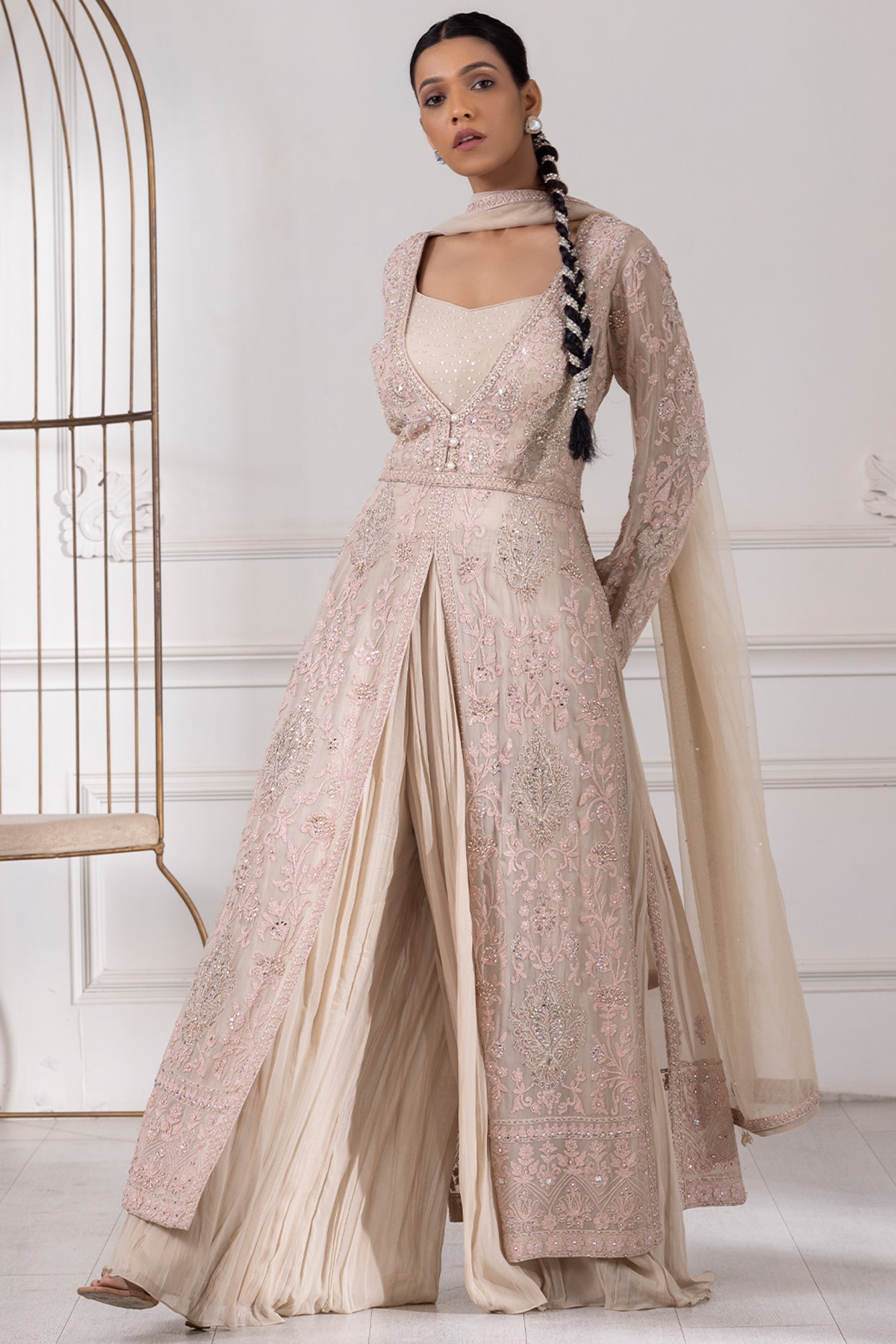 Beige Gold Georgette Sequins Embroidered Sharara Set by RAJ ARORA ROOP ...