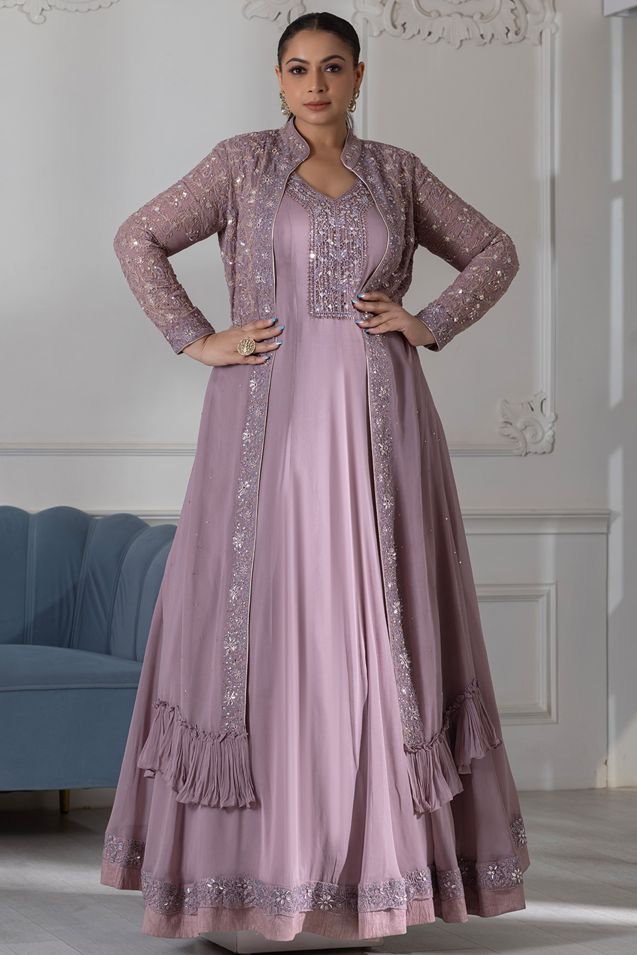 Lilac Georgette Sequins Embroidered Anarkali With Jacket by RAJ ARORA ...