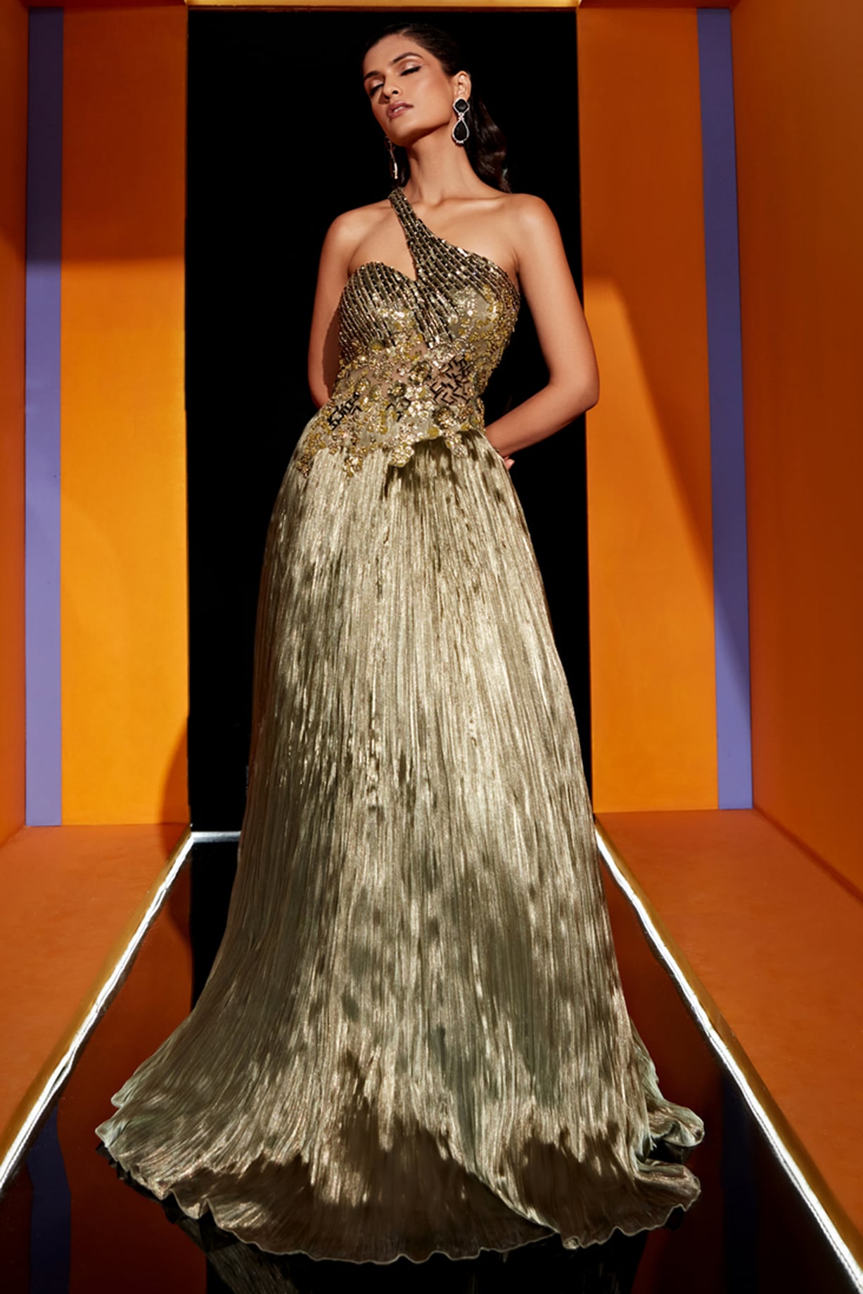 Antique Gold Organza Embroidered Gown by ROQA at Pernia's Pop Up Shop 2025