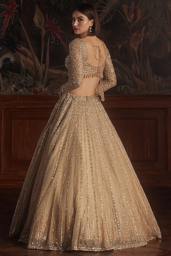 Gold Net Tassel Embroidered Bridal Lehenga Set by ROQA at Pernia's Pop Up Shop 2025