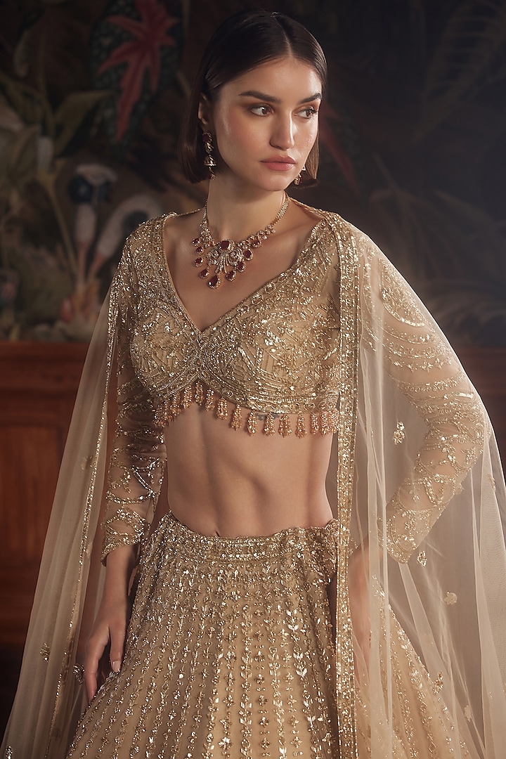 Gold Net Tassel Embroidered Bridal Lehenga Set by ROQA at Pernia's Pop Up Shop 2025