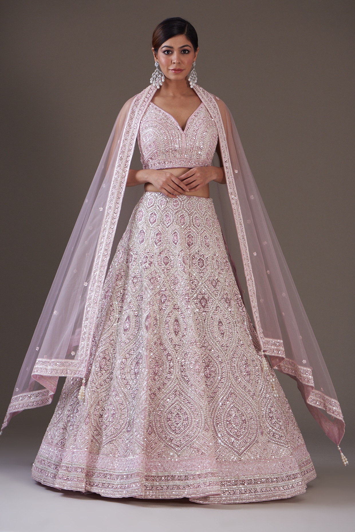 Blush Pink Net Embroidered Wedding Lehenga Set by ROQA at Pernia's Pop ...
