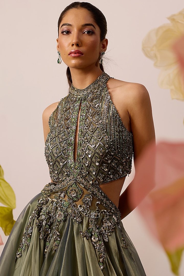 Olive Green Organza Embellished Halter-Neck Gown With Cape by ROQA at Pernia's Pop Up Shop 2025