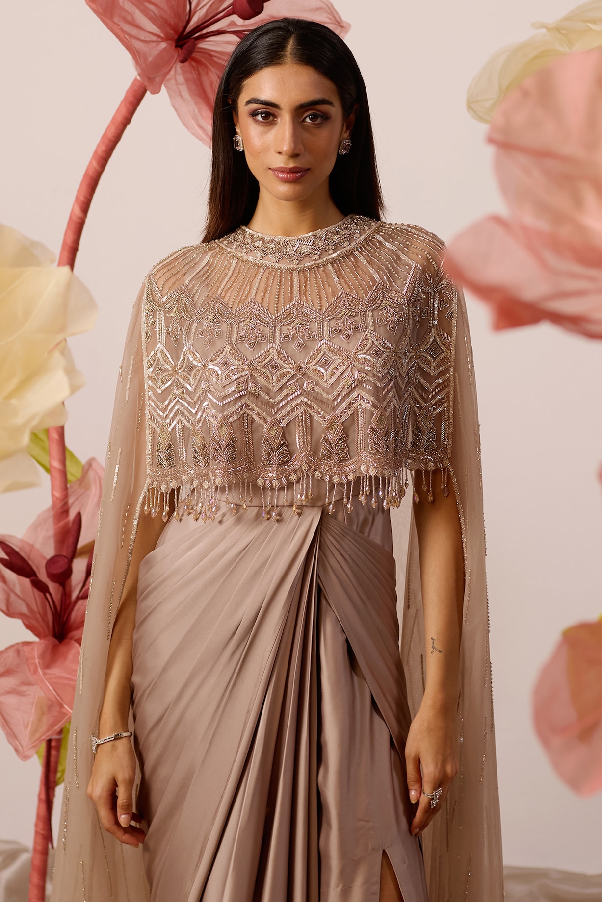 Taupe Modal Satin Hand Embroidered Gown With Cape by ROQA at Pernia's Pop Up Shop 2025