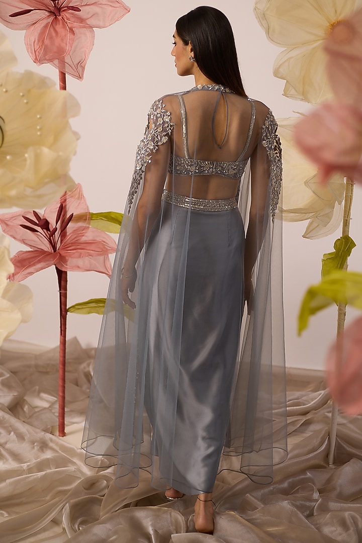 Dusty Blue Net Hand Embroidered Cape Set Design by ROQA at Pernia's Pop ...