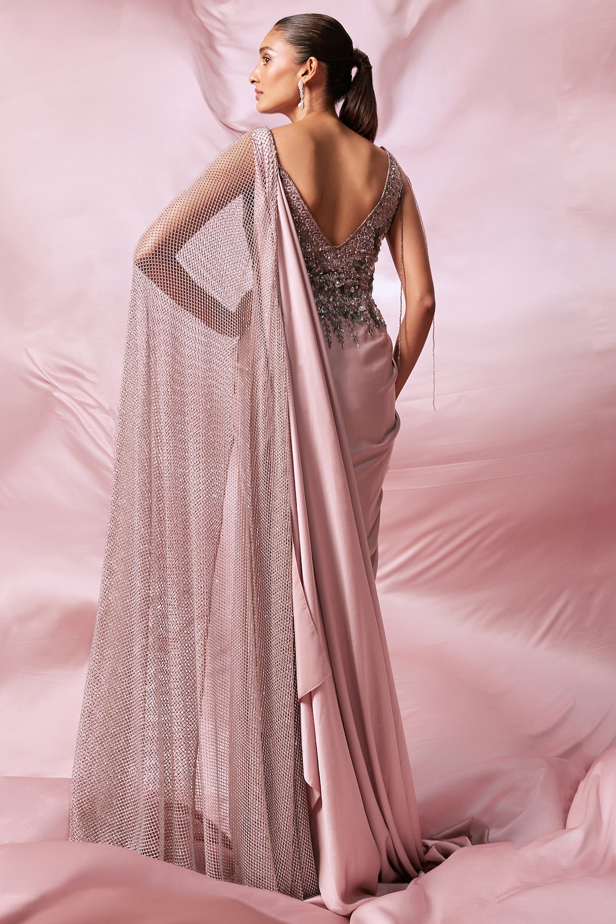 Soft Pink Satin & Net Hand Embroidered Gown Saree by ROQA at Pernia's ...