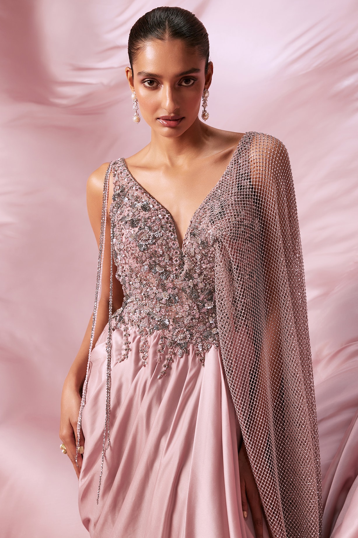 Soft Pink Satin & Net Hand Embroidered Gown Saree by ROQA at Pernia's ...