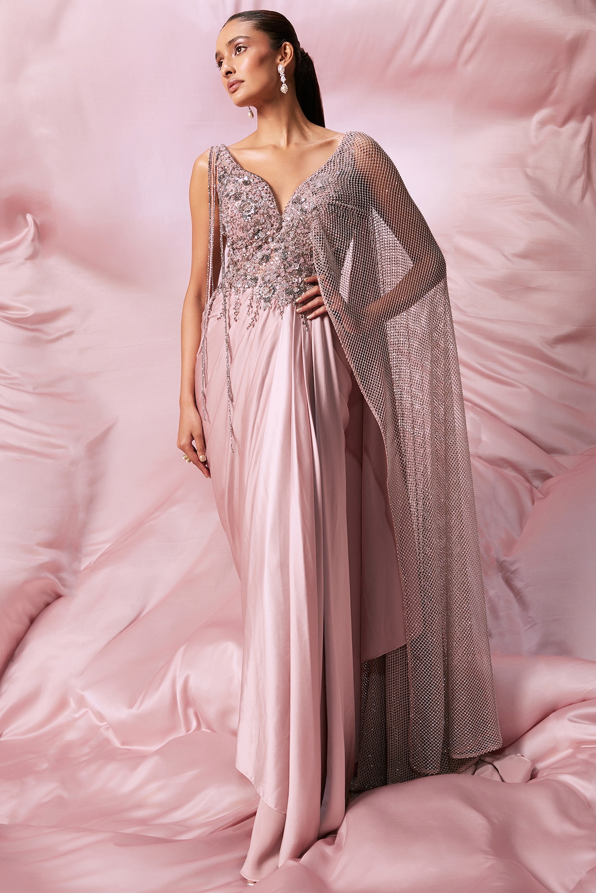 Soft Pink Satin & Net Hand Embroidered Gown Saree by ROQA at Pernia's ...