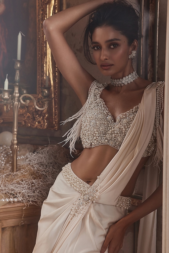 Ivory Modal Satin Draped Saree Set by ROQA at Pernia's Pop Up Shop 2025