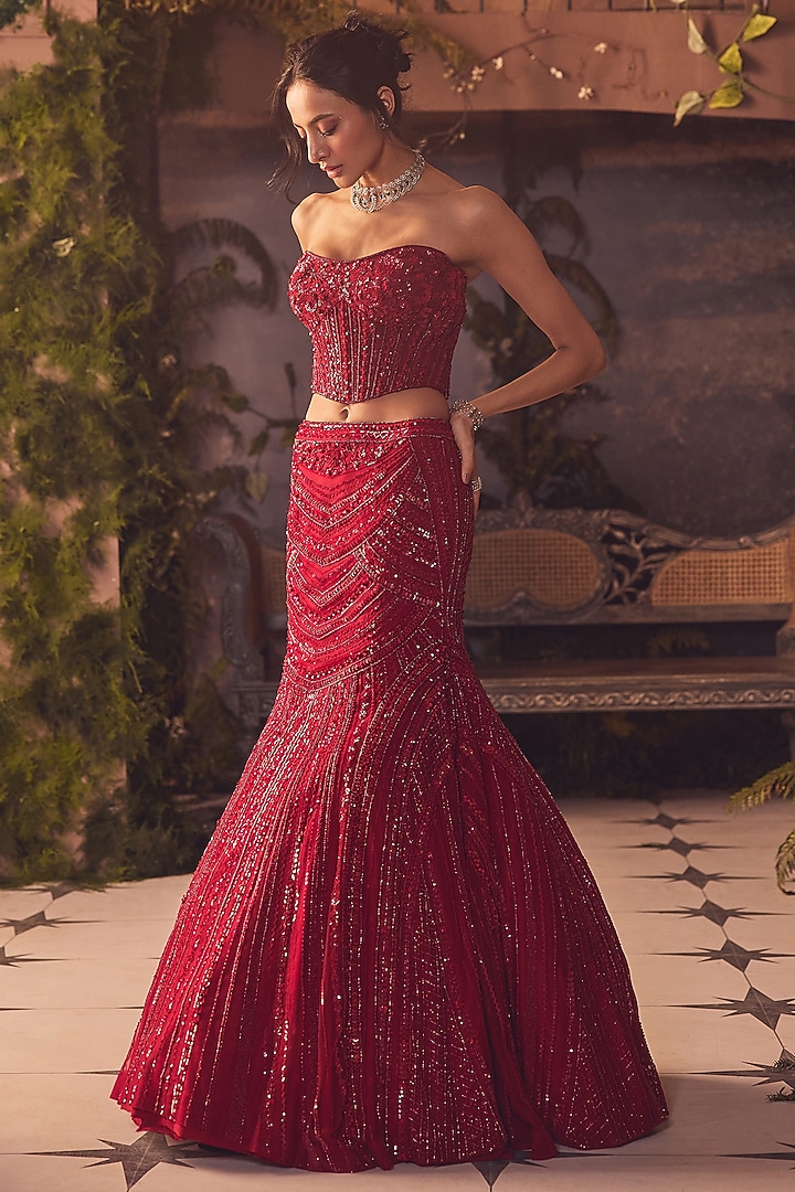 Red Net Embroidered Mermaid Bridal Lehenga Set by ROQA | Siddharth ...