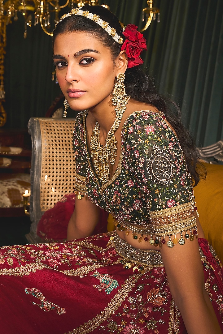 Red Raw Silk Zari & Sequins Embroidered Bridal Lehenga Set by ROQA at Pernia's Pop Up Shop 2025