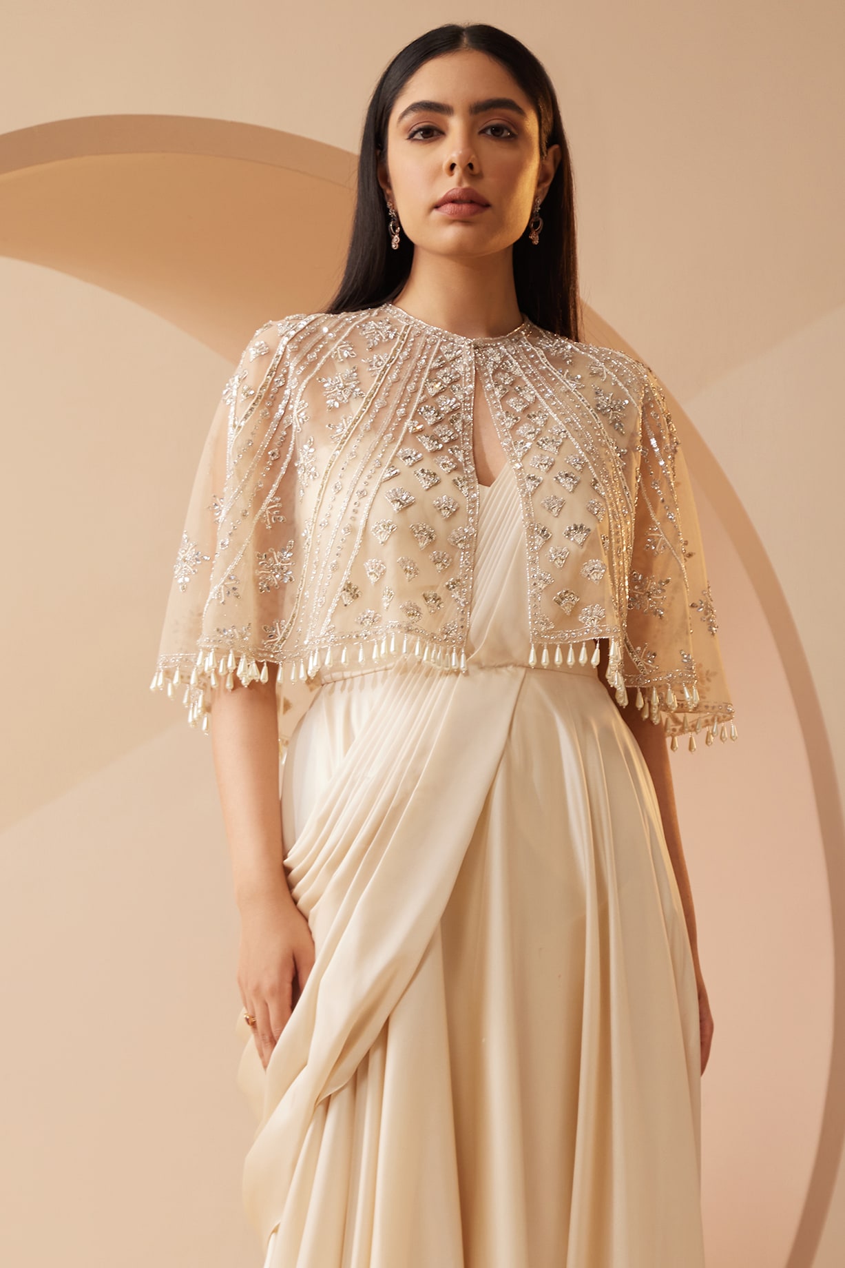 Off-White Modal Satin Draped Gown Saree With Jacket by ROQA at Pernia's Pop Up Shop 2025