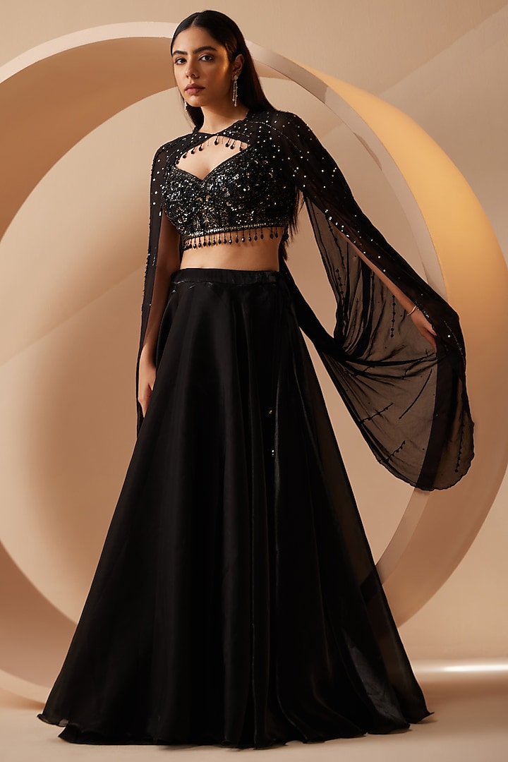 Black Organza Sequins Embroidered Wedding Lehenga Set by ROQA at Pernia ...