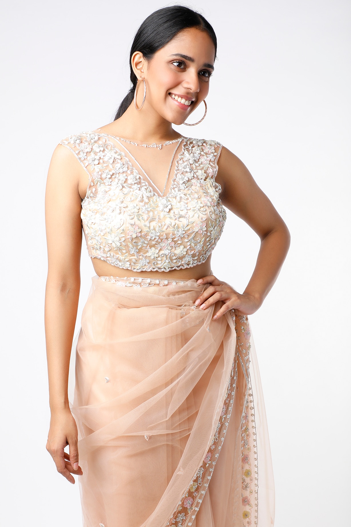 Nude Champagne Pink Tulle Zardosi Embroidered Saree Set by Ros Story at ...