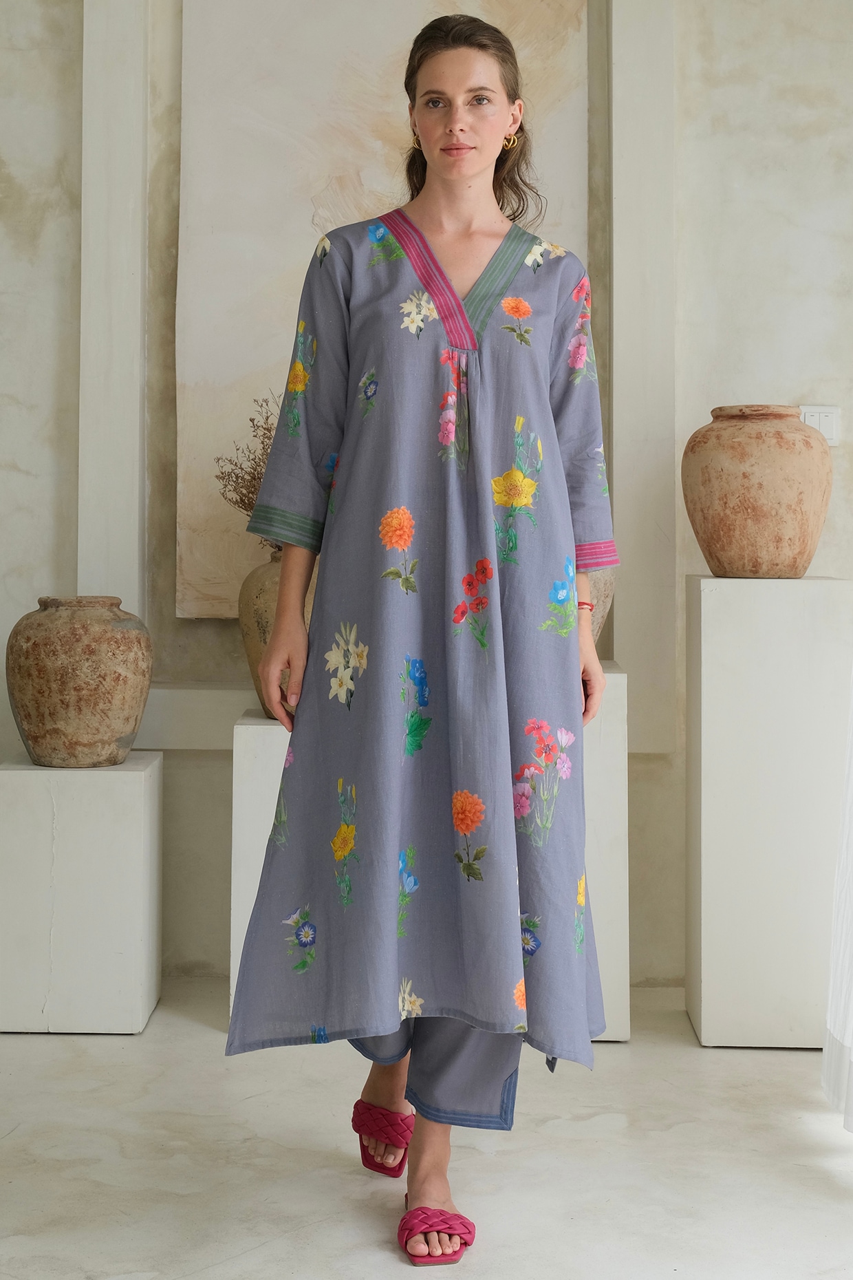 Periwinkle Linen Floral Kurta Set by Roza Pret at Pernia's Pop Up Shop 2025