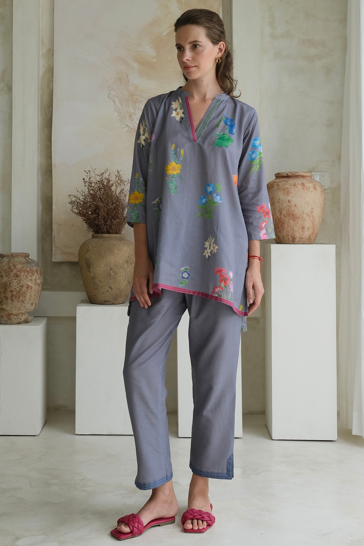 Periwinkle Linen Floral Tunic by Roza Pret at Pernia's Pop Up Shop 2024