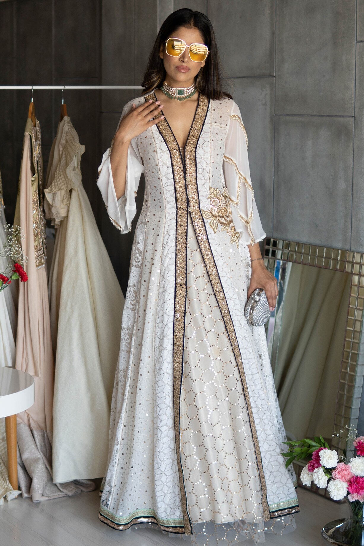 Off White Embroidered Jacket Set by Rozina at Pernia's Pop Up Shop 2025