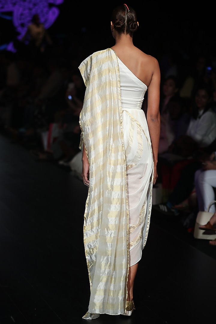 White striped one shoulder saree dress available only at Pernia's Pop ...