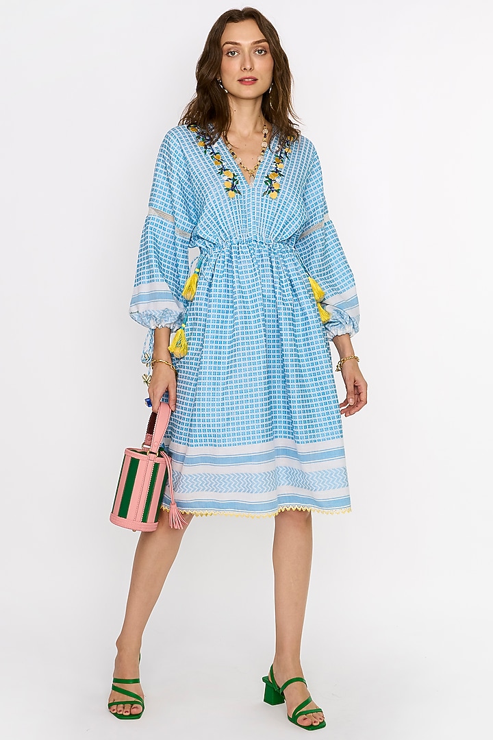 Ocean Blue & White Cotton Embroidered Short Dress by Rara Avis at ...