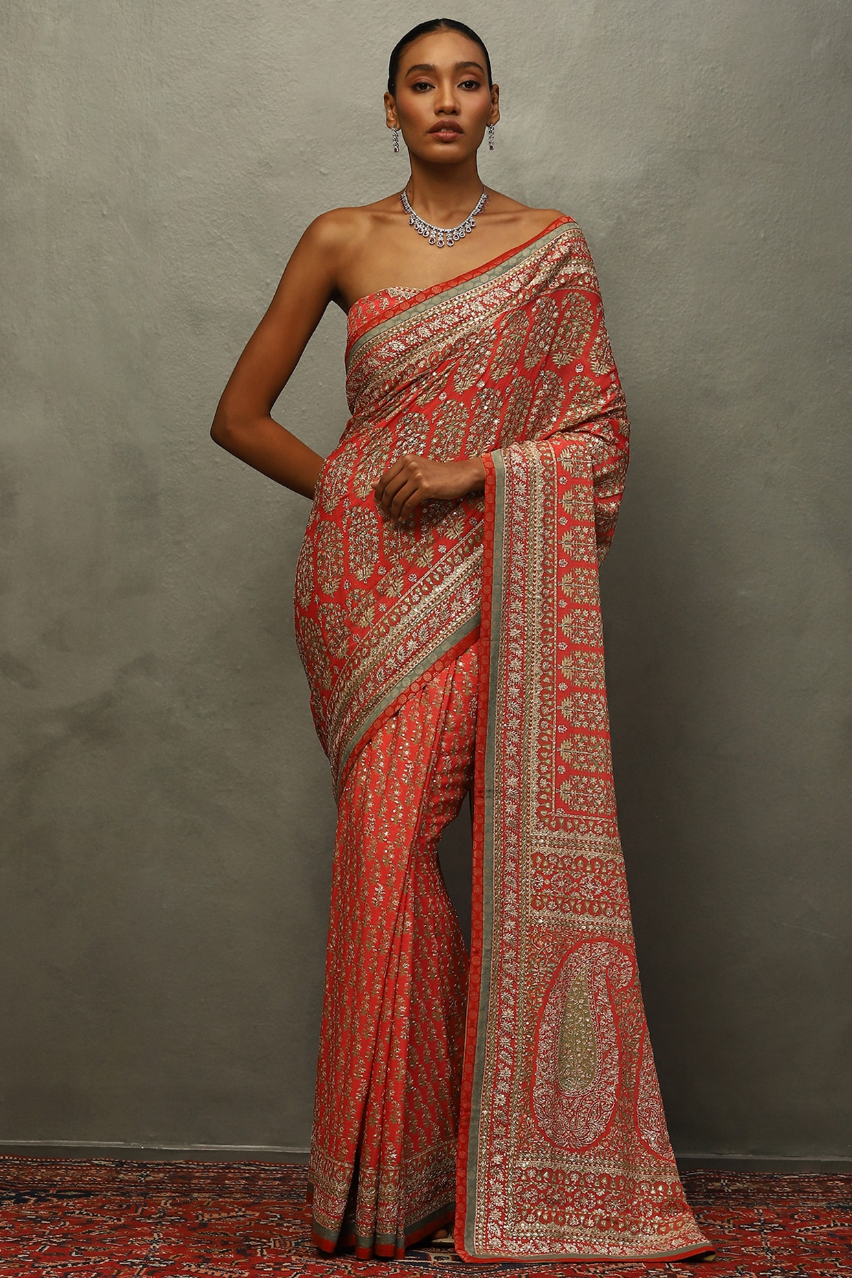 Coral & Khaki Silk Hand Embroidered Saree Set by Ri Ritu Kumar at ...
