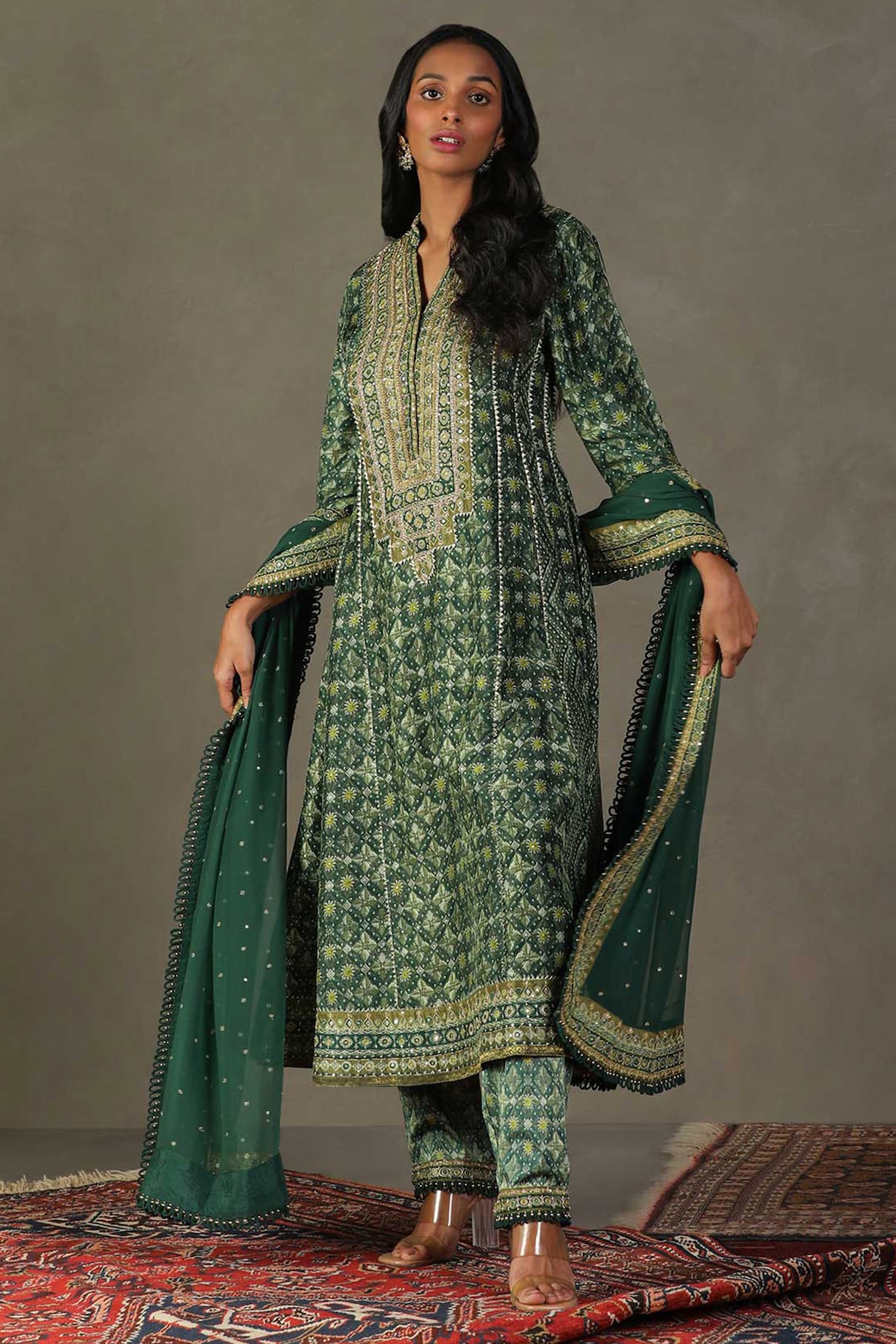 Forest Green Silk Geometric Printed Kurta Set by Ri Ritu Kumar at Pernia's Pop Up Shop 2025