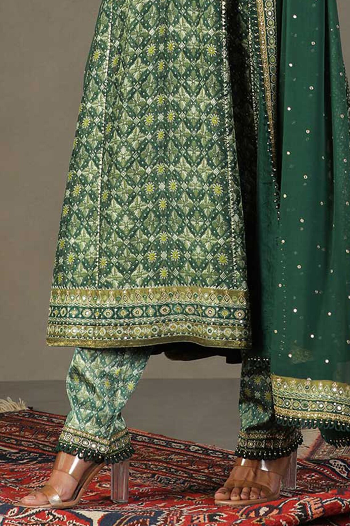 Forest Green Silk Geometric Printed Kurta Set by Ri Ritu Kumar at Pernia's Pop Up Shop 2025