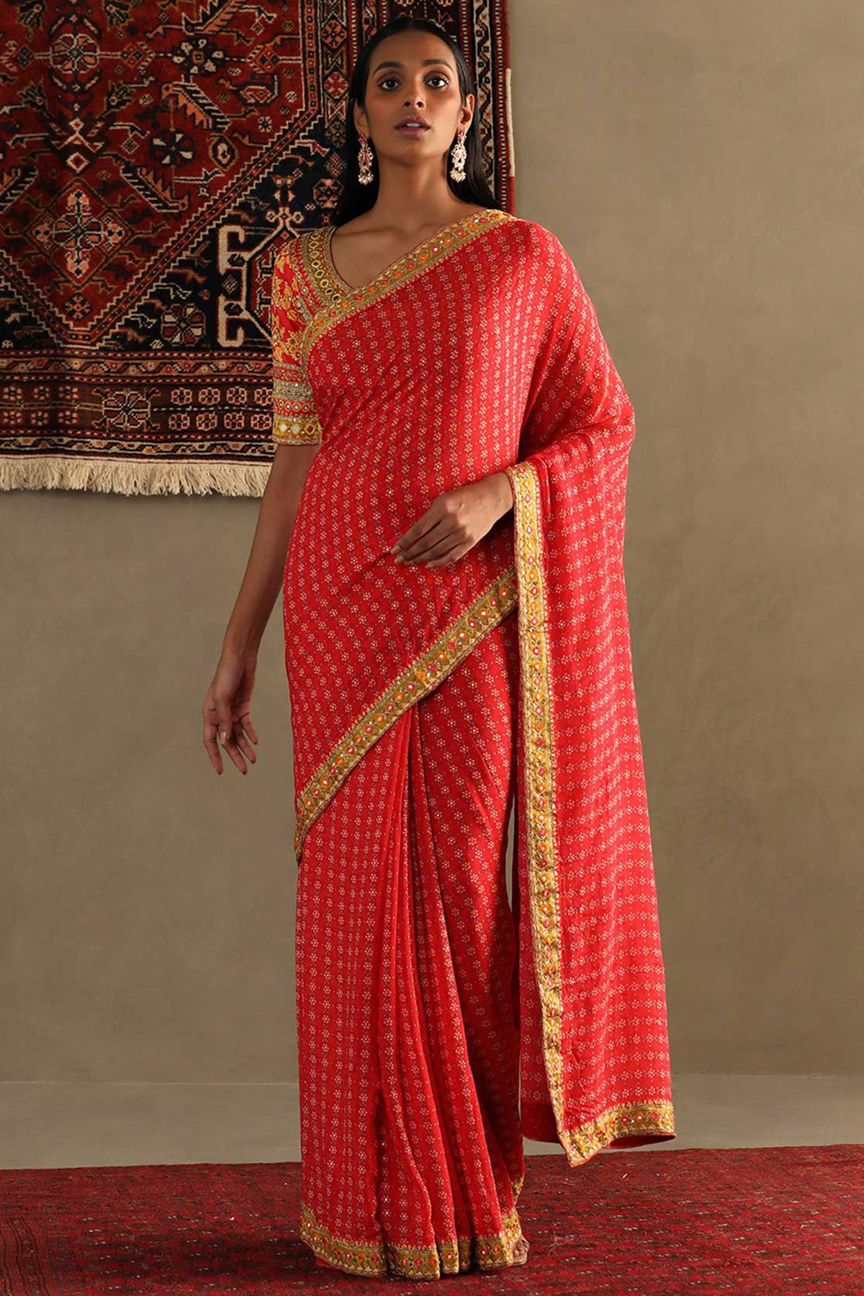 Candy Coral Silk Bandhani printed & Embroidered Saree Set by Ri Ritu ...