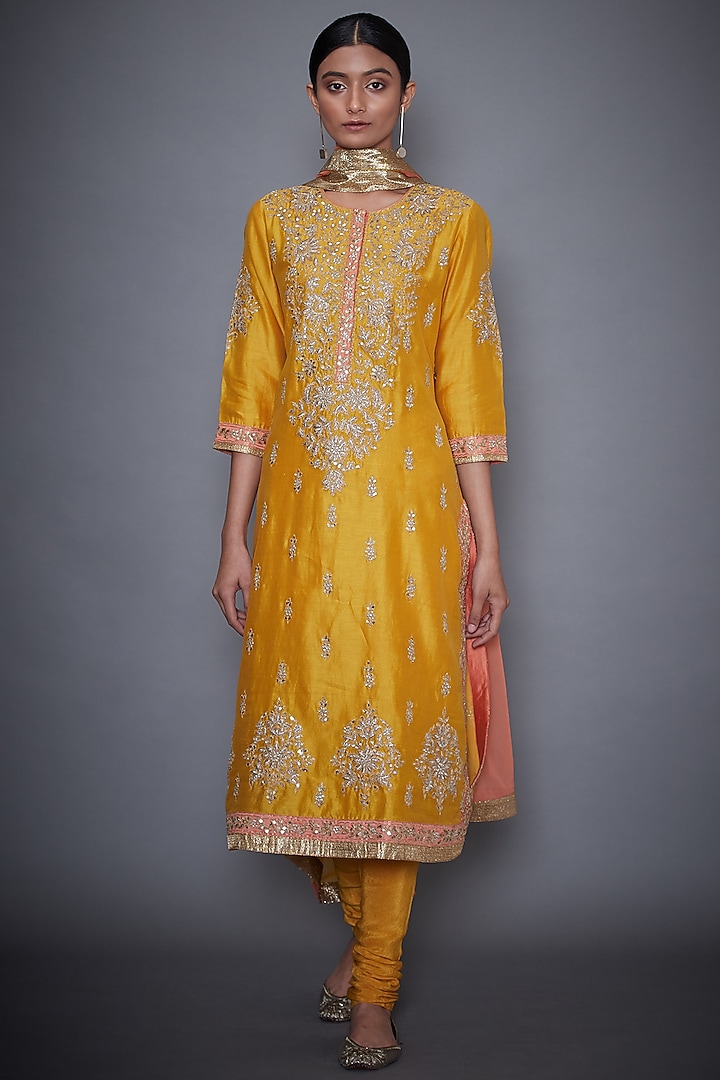 Yellow & Coral Embroidered Kurta Set by Ri Ritu Kumar at Pernia's Pop Up Shop 2025
