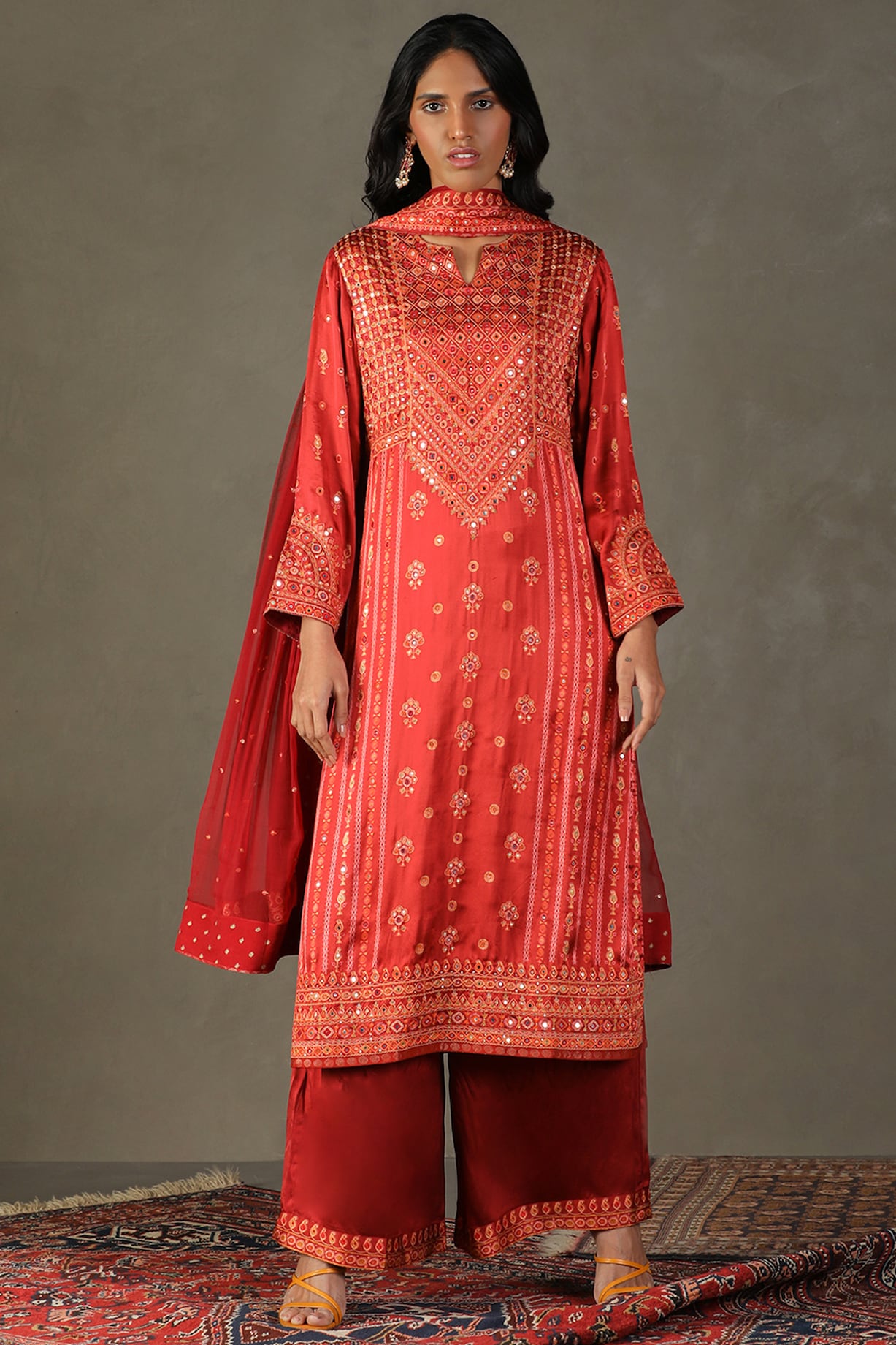 Lava Red Silk Satin Geometric Printed & Kashida Embroidered Kurta Set ...