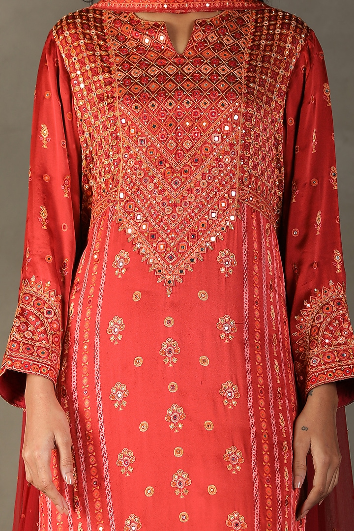 Lava Red Silk Satin Geometric Printed & Kashida Embroidered Kurta Set by Ri Ritu Kumar at Pernia ...