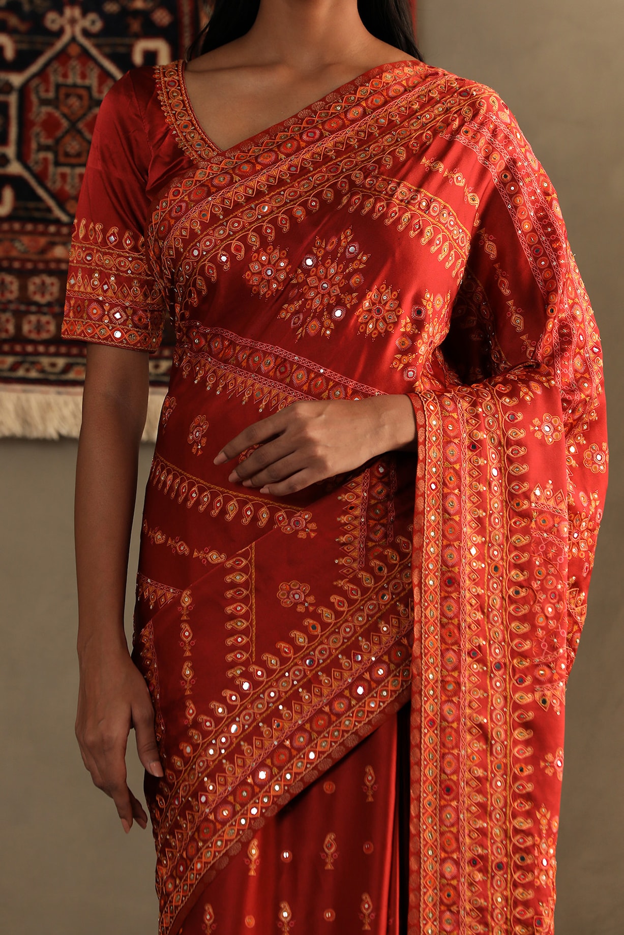 Lava Red Silk Satin Geometric Printed & Kashida Embroidered Saree Set ...