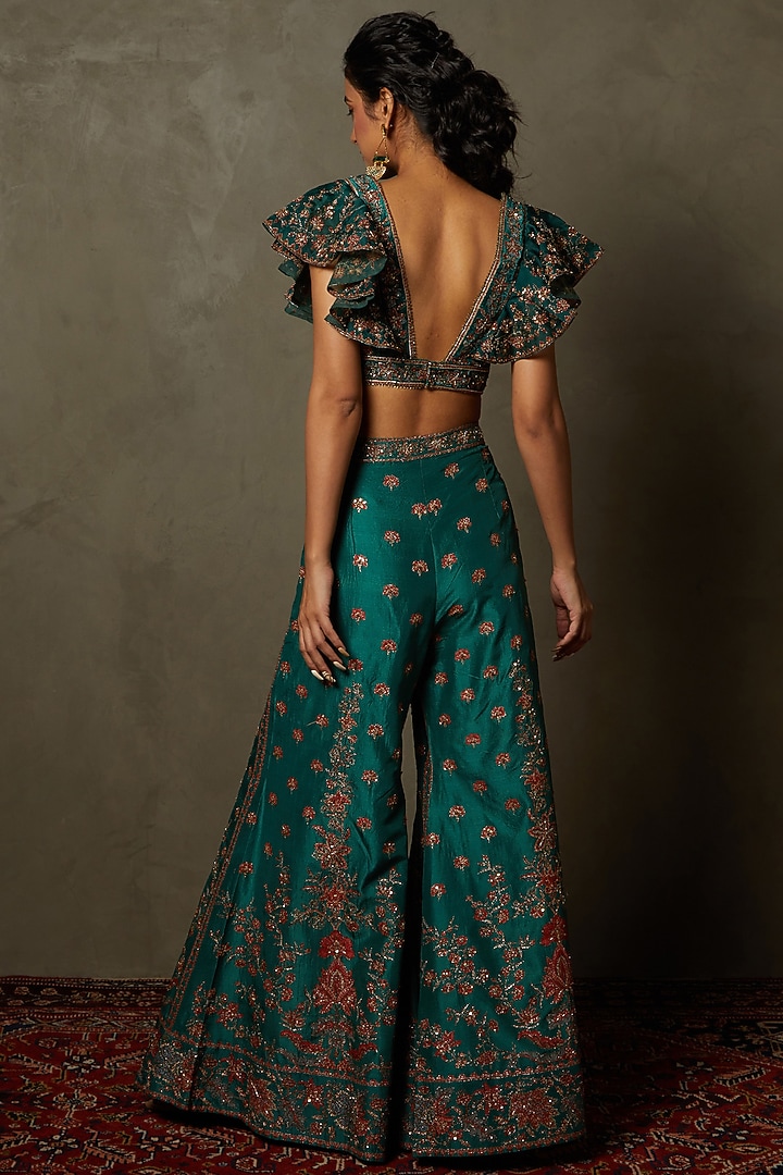 Green Flat Dupion Floral Printed & Embroidered Gharara Set by Ri Ritu Kumar at Pernia's Pop Up ...