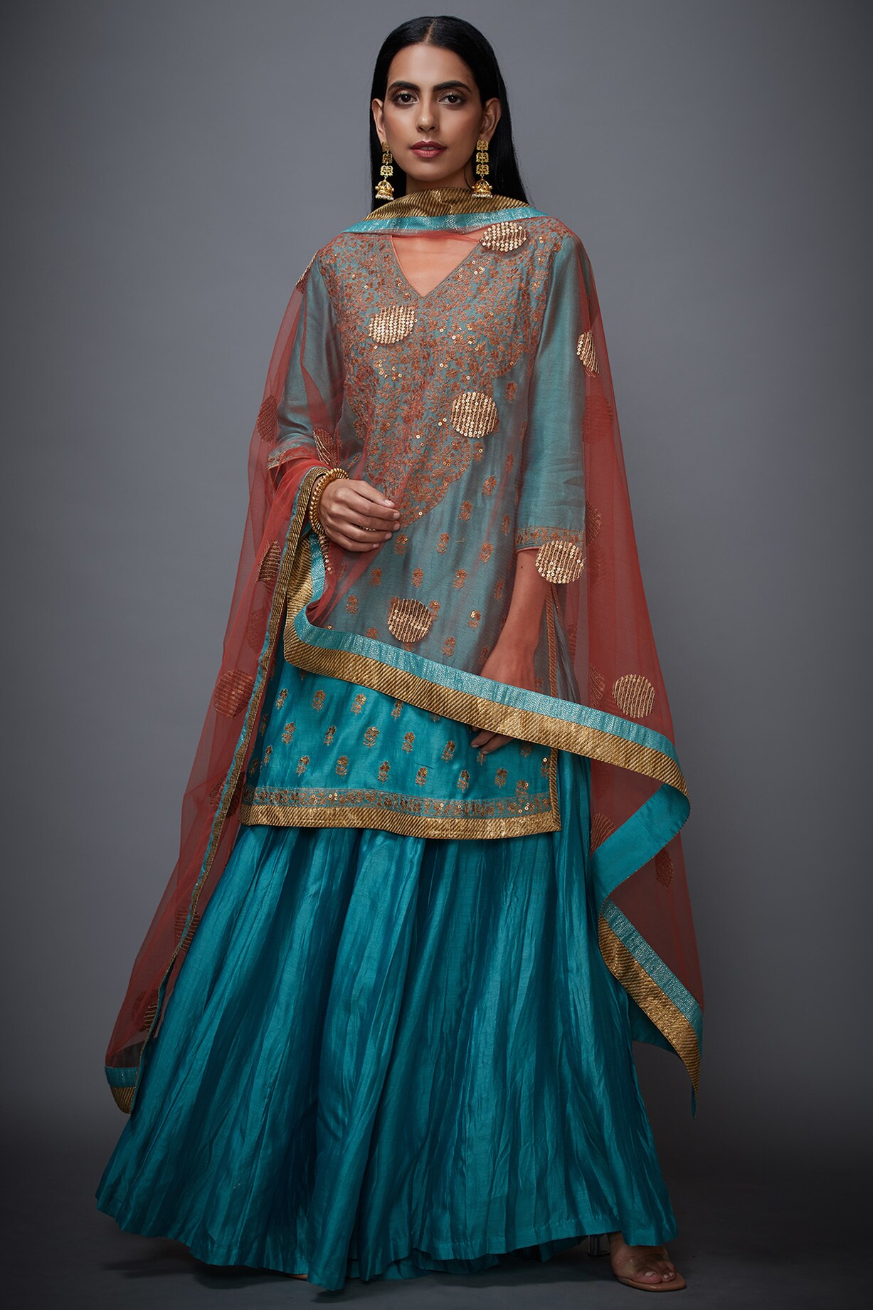 Turquoise & Gold Embroidered Kurta Set Design by Ri Ritu Kumar at Pernia's Pop Up Shop 2024